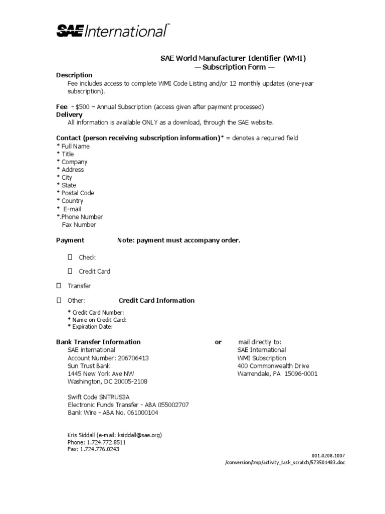 SAE World Manufacturer Identifier (WMI) - Subscription Form | PDF