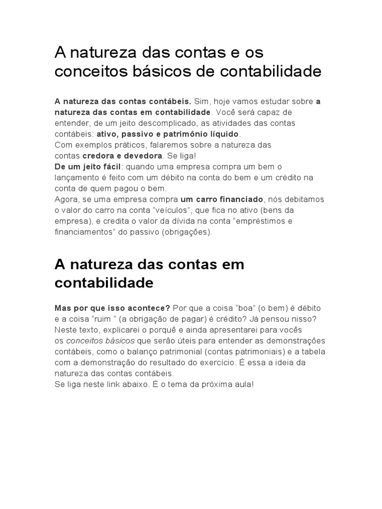 A natureza das contas contábeis e seus conceitos fundamentais | PDF ...