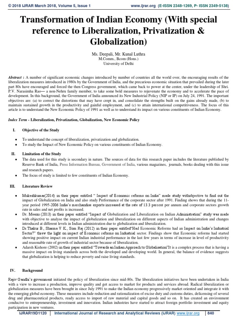 Transformation of Indian Economy (With Special Reference To ...