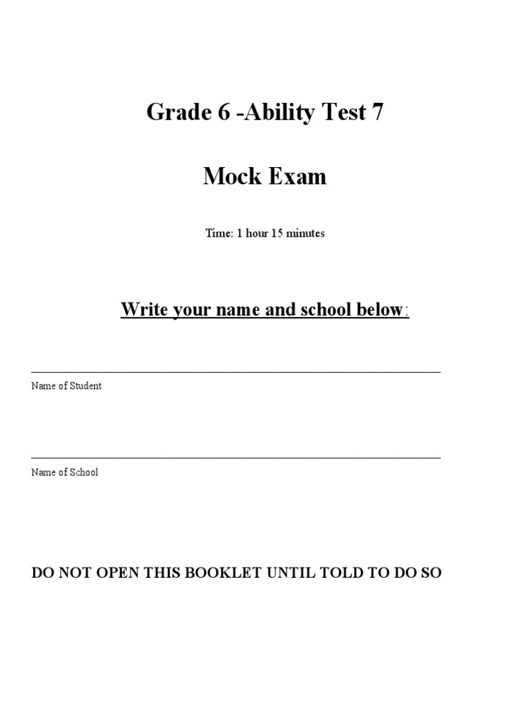 Grade 6 - Ability Test 7 Mock Exam: Write Your Name and School Below | PDF