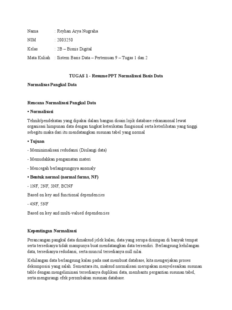 Tugas 1 Dan Tugas 2 Normalisasi Basis Data - Reyhan Arya Nugraha - 2003250 - 2B BIDI | PDF
