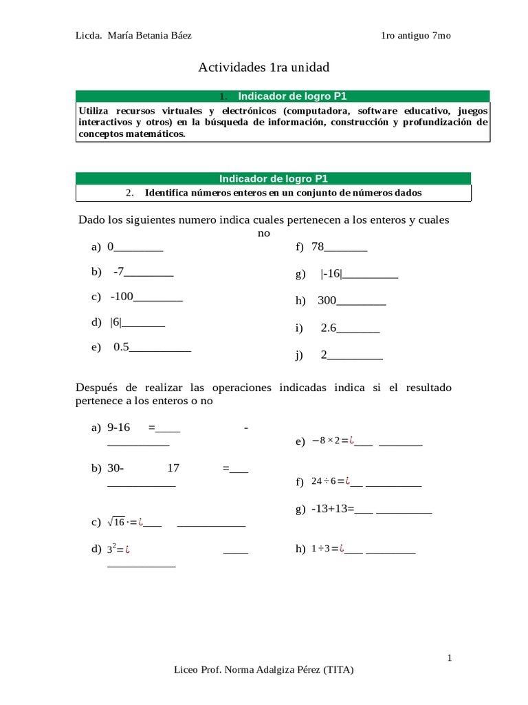 1ra Unidad Actividades | PDF | Raíz cuadrada | Entero
