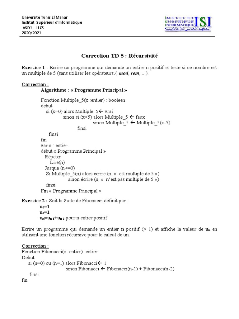 Correction TD5 Récursivité L1CS 20 - 21 | PDF | Arithmétique | Informatique théorique