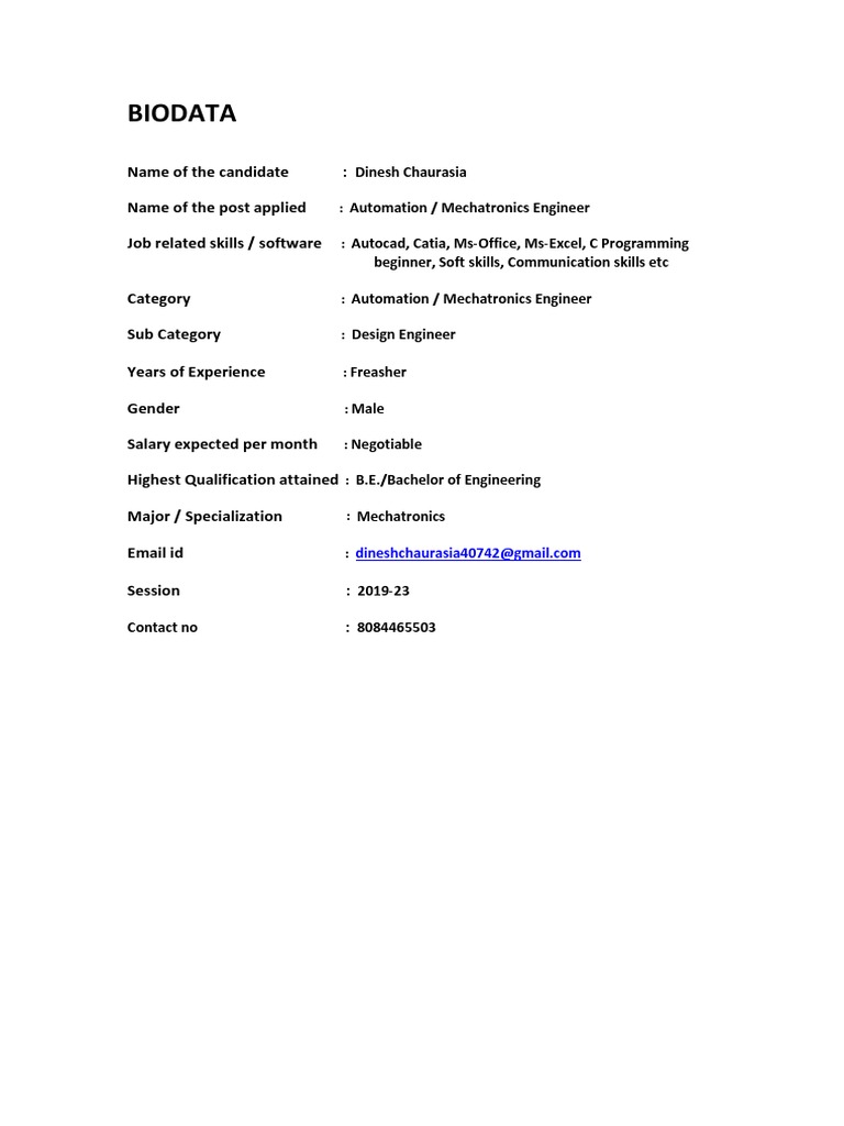 Dinesh Biodata | PDF