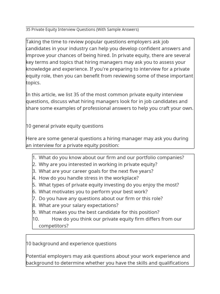 35 Private Equity Interview Questions (With Sample Answers) | PDF ...