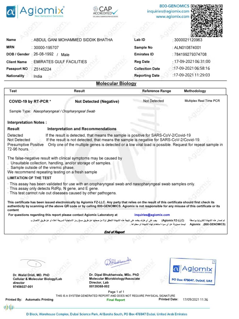 Molecular Biology: Name Lab ID MRN DOB / Gender Emirates ID Sample No ...