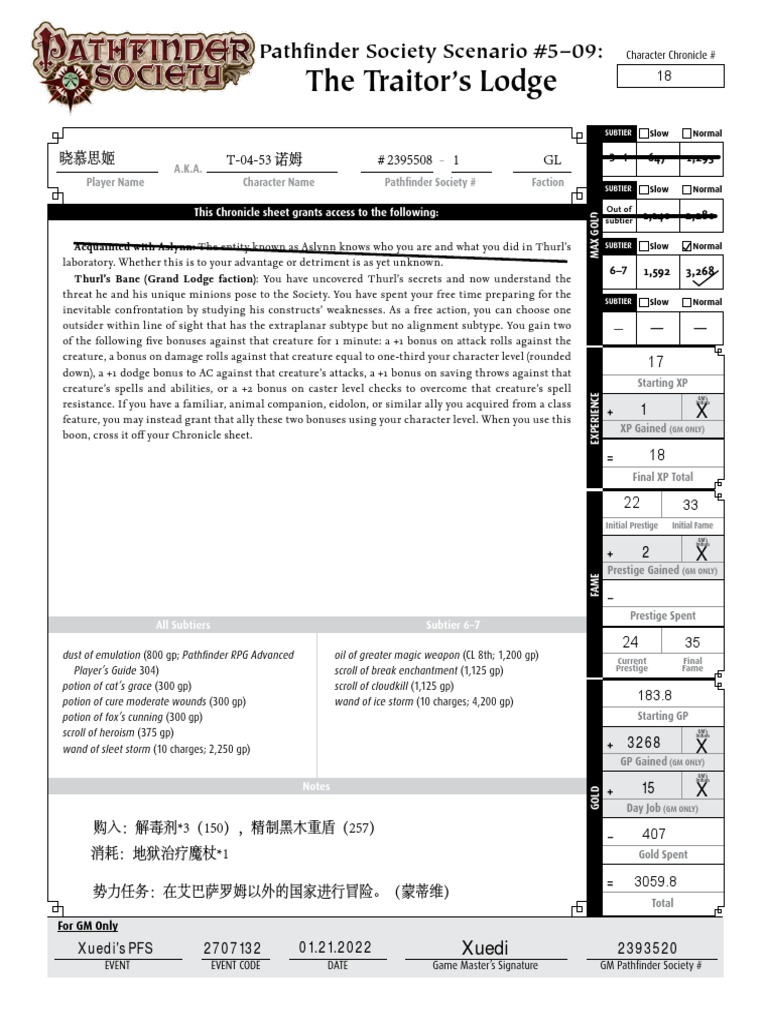 The Traitor's Lodge: Pathfinder Society Scenario #5-09 | PDF | Gaming | Role Playing Games