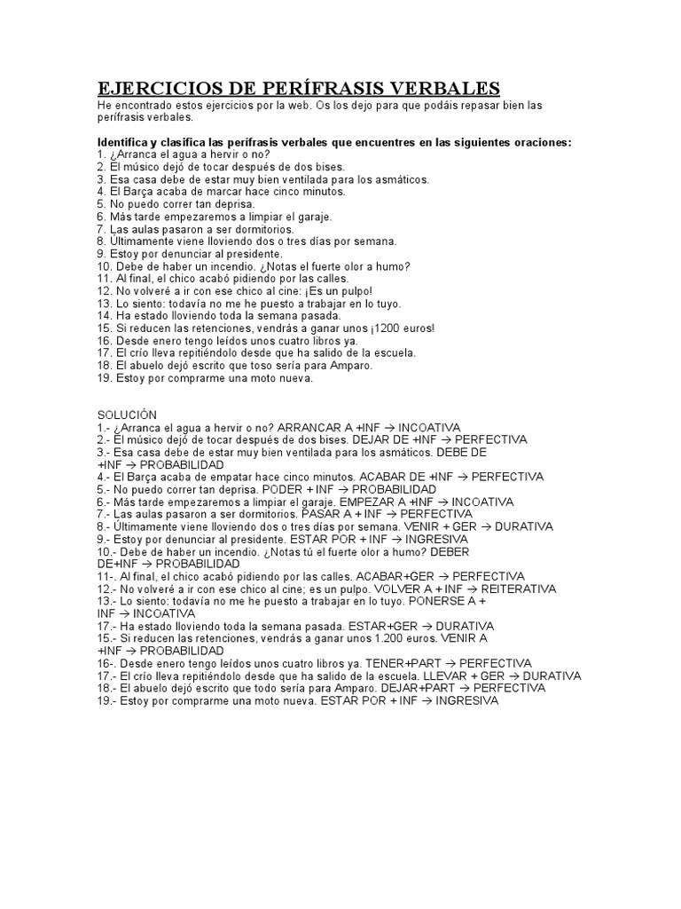 Ejercicios y Soluciones de Perífrasis Verbales | PDF