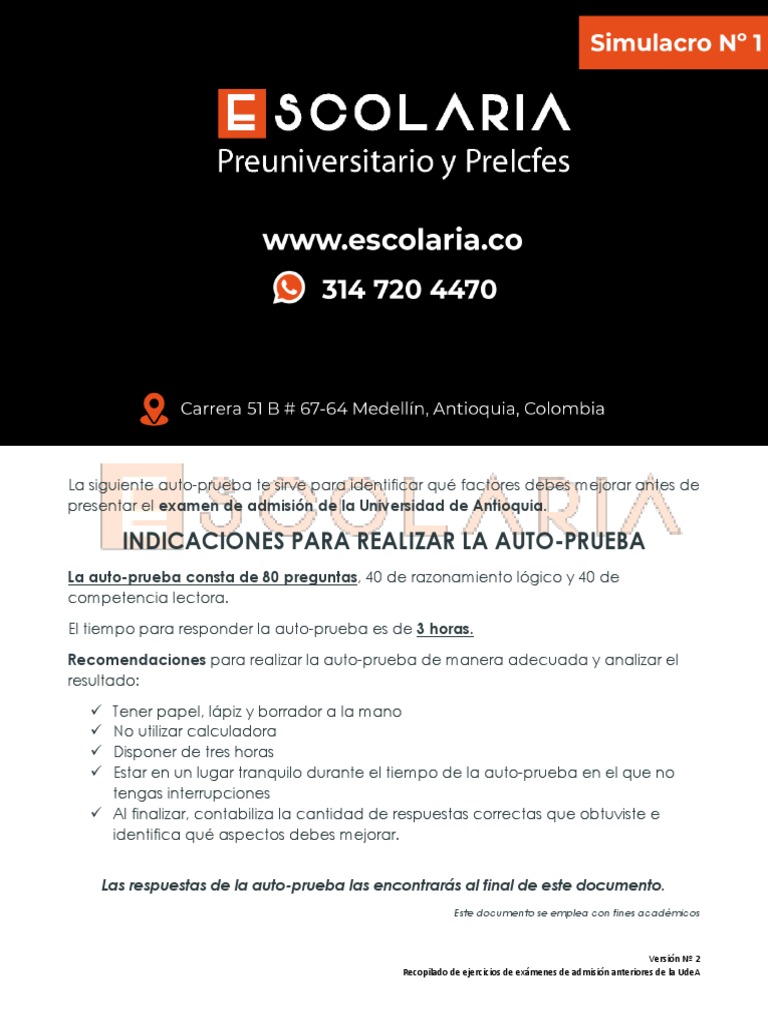 Simulacro #1 Examen de Admision UdeA Recopilado Por Escolaria Version 2 | PDF | La risa ...
