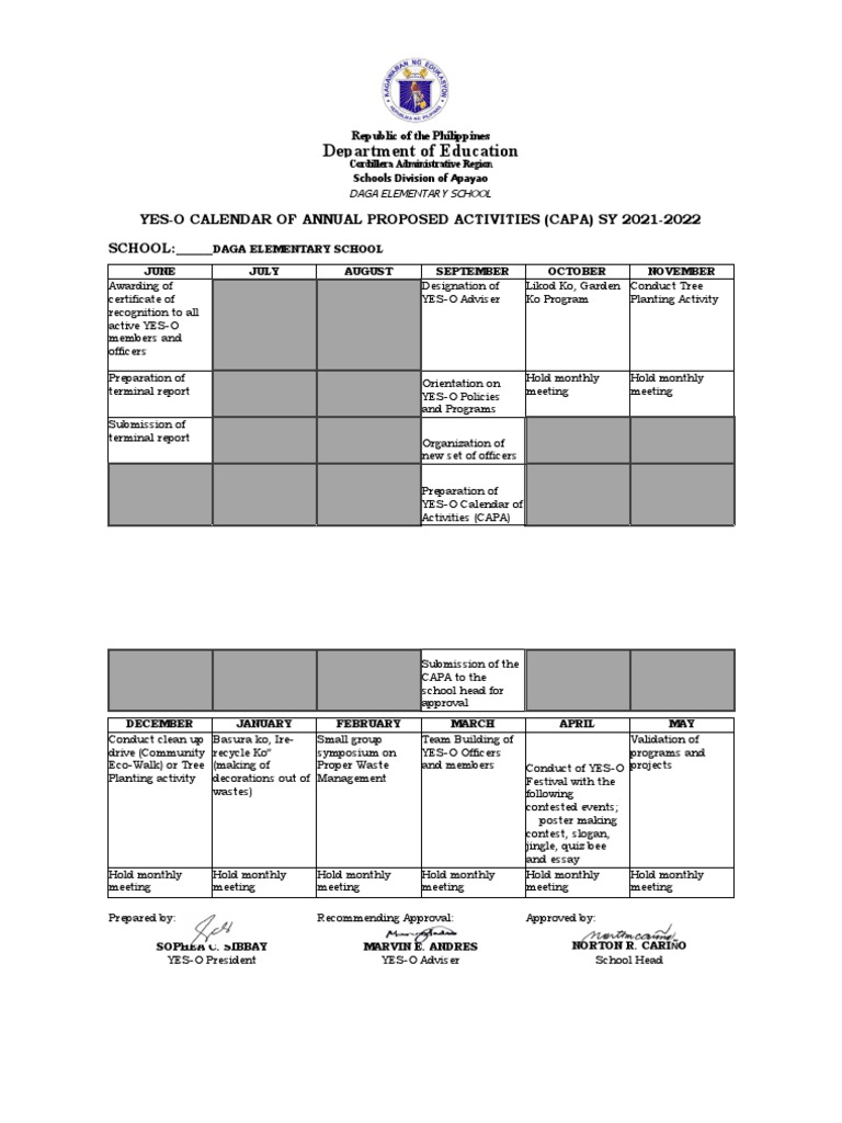 Department of Education: Yes-O Calendar of Annual Proposed Activities ...