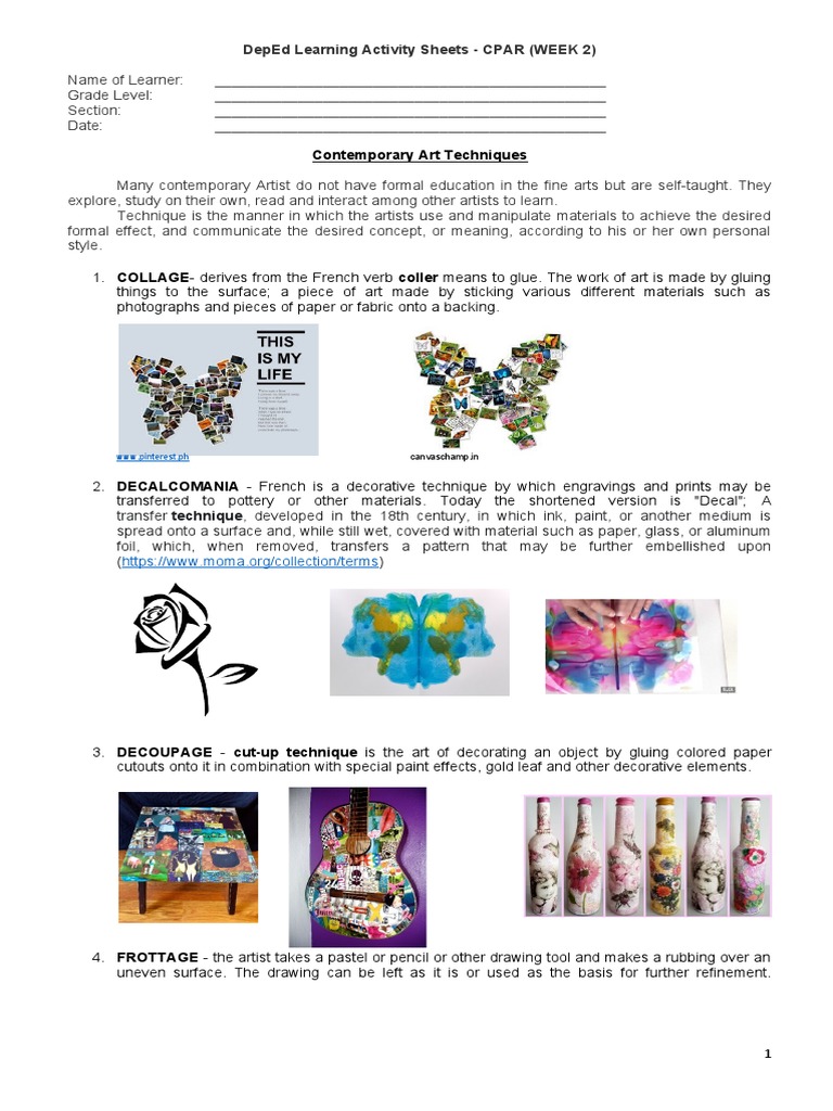 Contemporary Art Techniques: Deped Learning Activity Sheets - Cpar ...