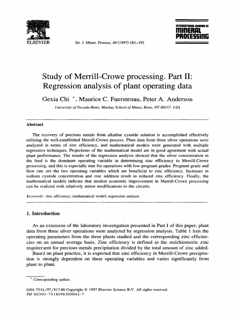 Study of Merrill-Crowe Processing. Part II - Regression Analysis of ...