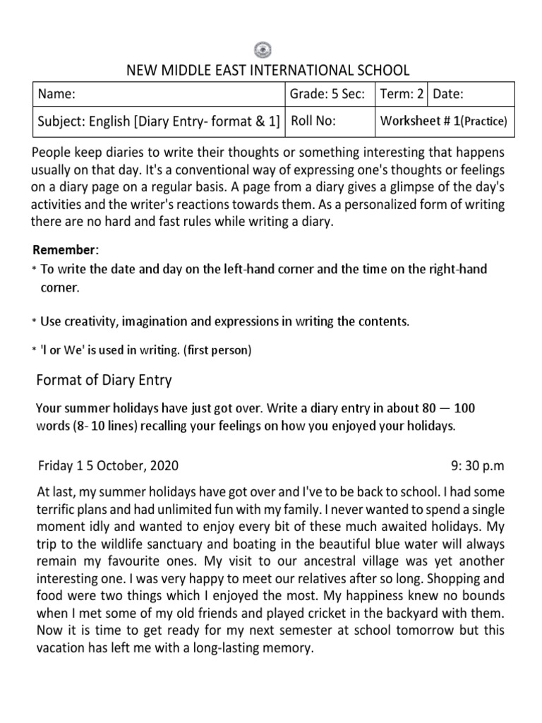 English Diary Entry-1 (PR) GR 5 | PDF