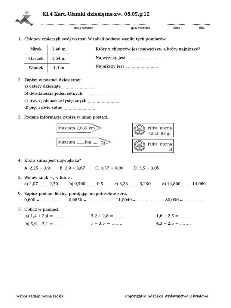 Kartkowka Ulamki Dziesietne-Klasa 4 | PDF