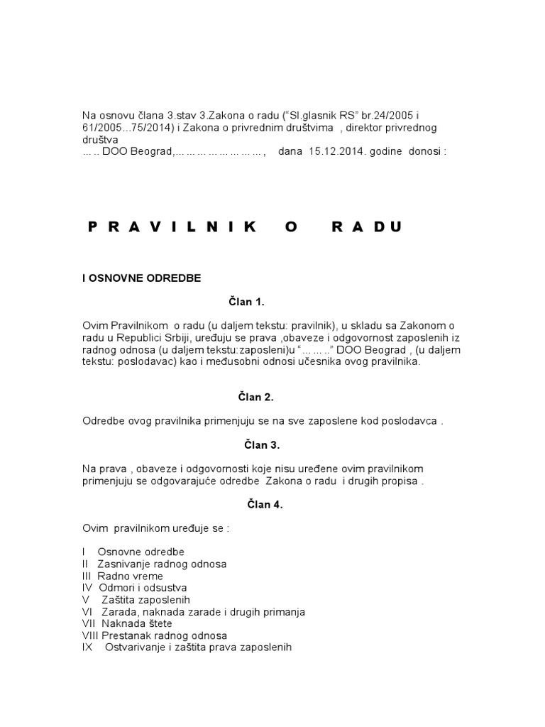 Primer Pravilnika o Radu | PDF