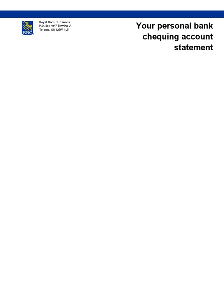 Your Personal Bank Chequing Account Statement: Toronto, ON M5W 1L5 ...