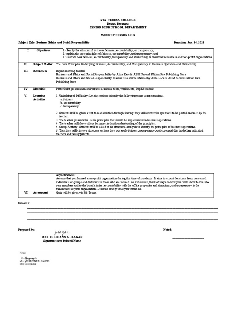 Business Ethics Lesson Plan: Fairness & Accountability | PDF | Teachers ...