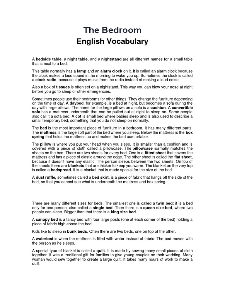 The Bedroom: English Vocabulary | PDF | Bed | Bedding