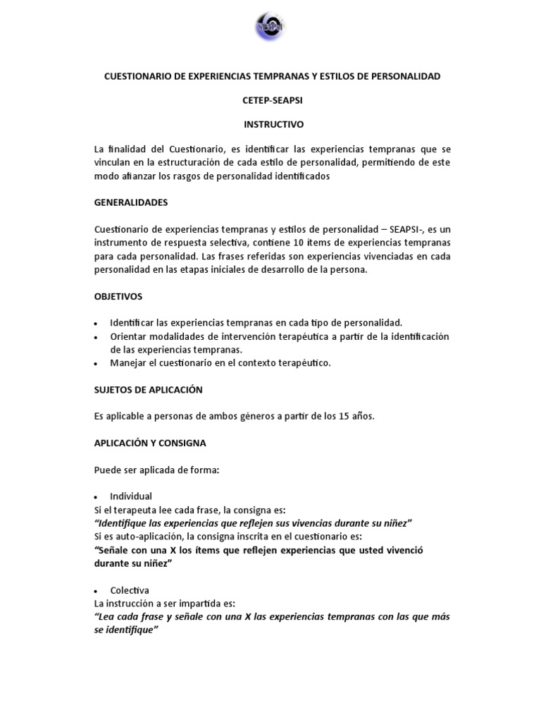 Cuestionario De Experiencias Tempranas Y Estilos De Personalidad Seapsi