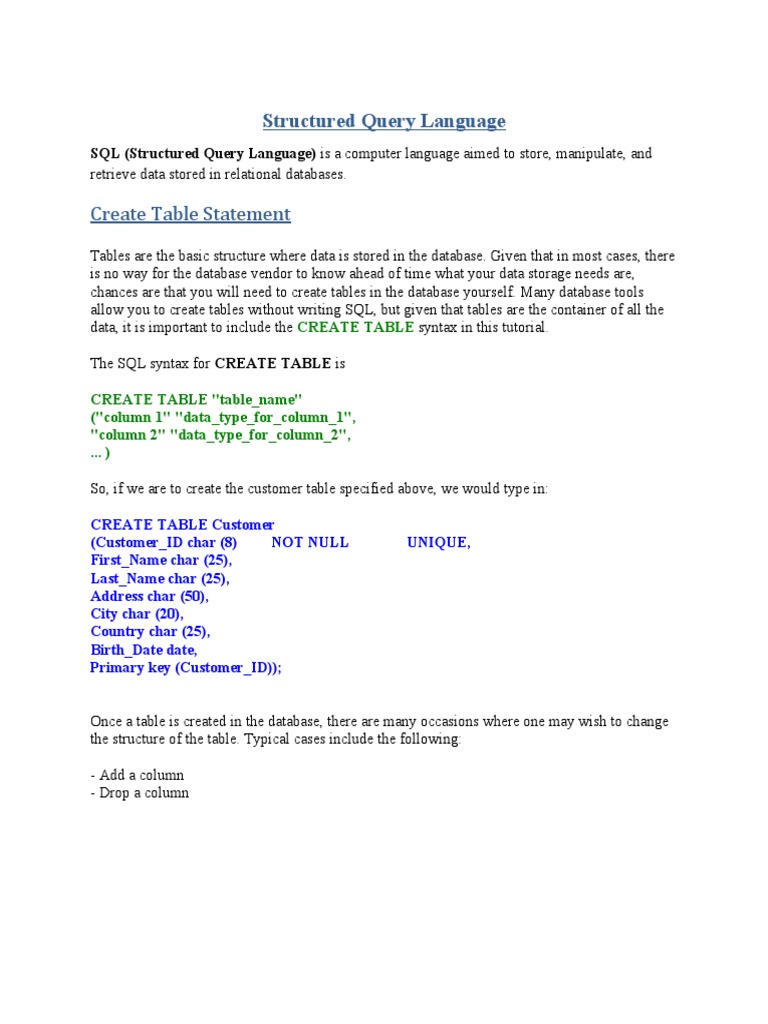Create Table Statement: Structured Query Language | PDF | Sql | Databases