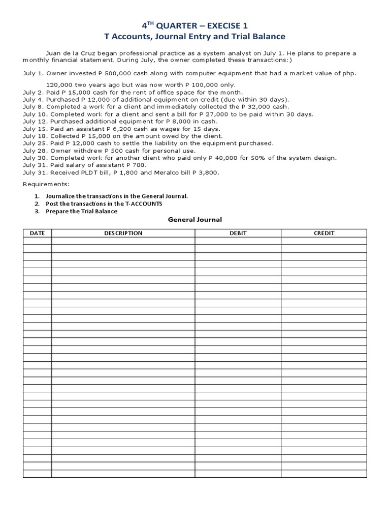 4 Quarter - Execise 1 T Accounts, Journal Entry and Trial Balance | PDF ...