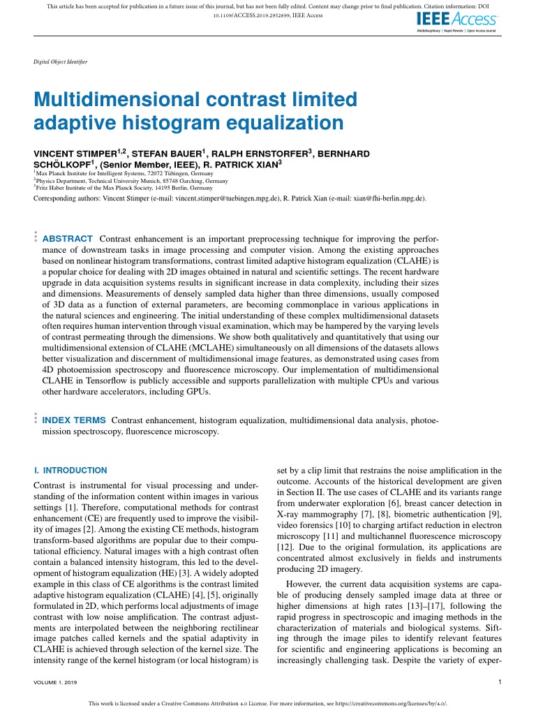 Multidimensional Contrast Limited Adaptive Histogram Equalization | PDF