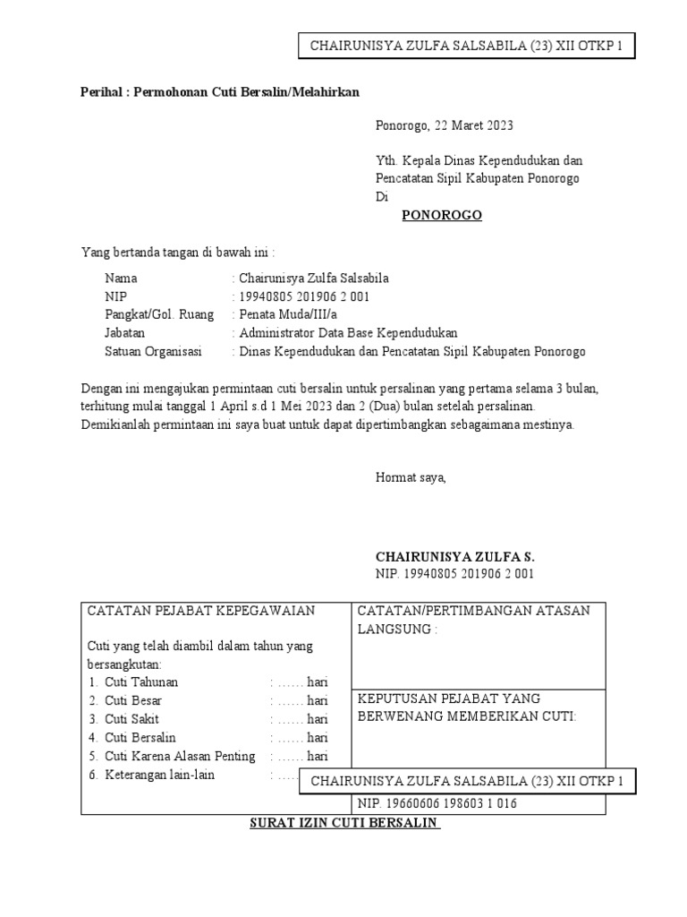 Surat Cuti Bersalin | PDF