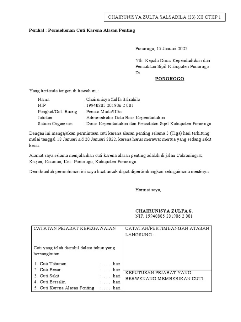 Surat Cuti Karena Alasan Penting | PDF