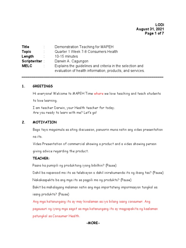 SCRIPT For Demo Teaching Consumers Health Final | PDF