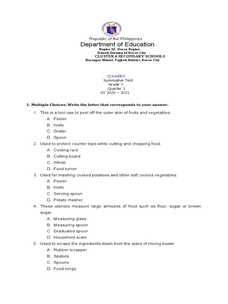 Grade 7 Cookery Test | PDF | Foods | Spoon