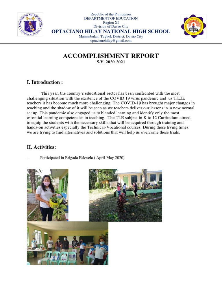Tle Accomplishment Report 2020-2021 | PDF | Educational Psychology | Cognition