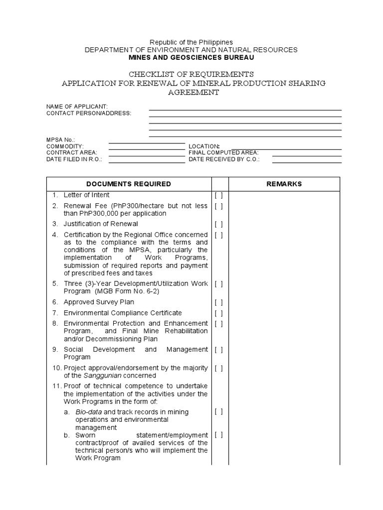 Checklist of Requirements Application For Renewal of Mineral Production ...