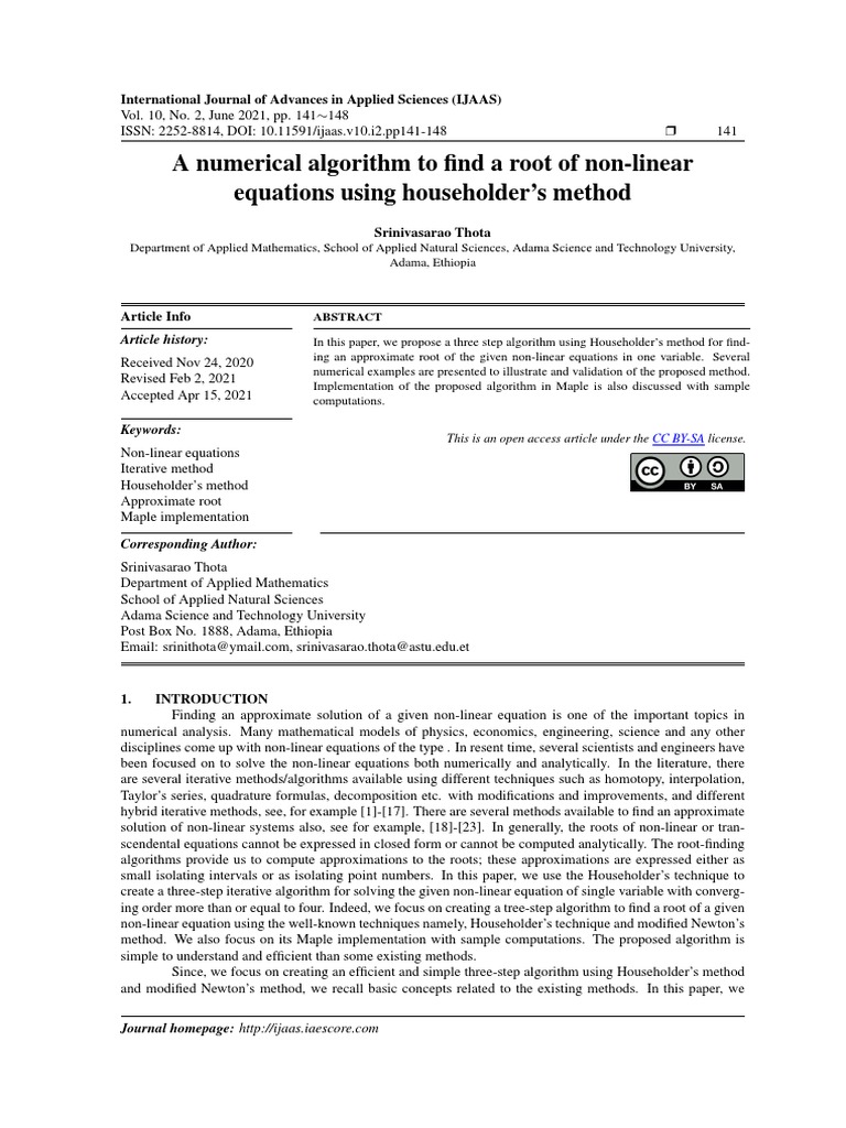 A Numerical Algorithm To Find A Root of Non-Linear Equations Using Householder's Method | PDF ...