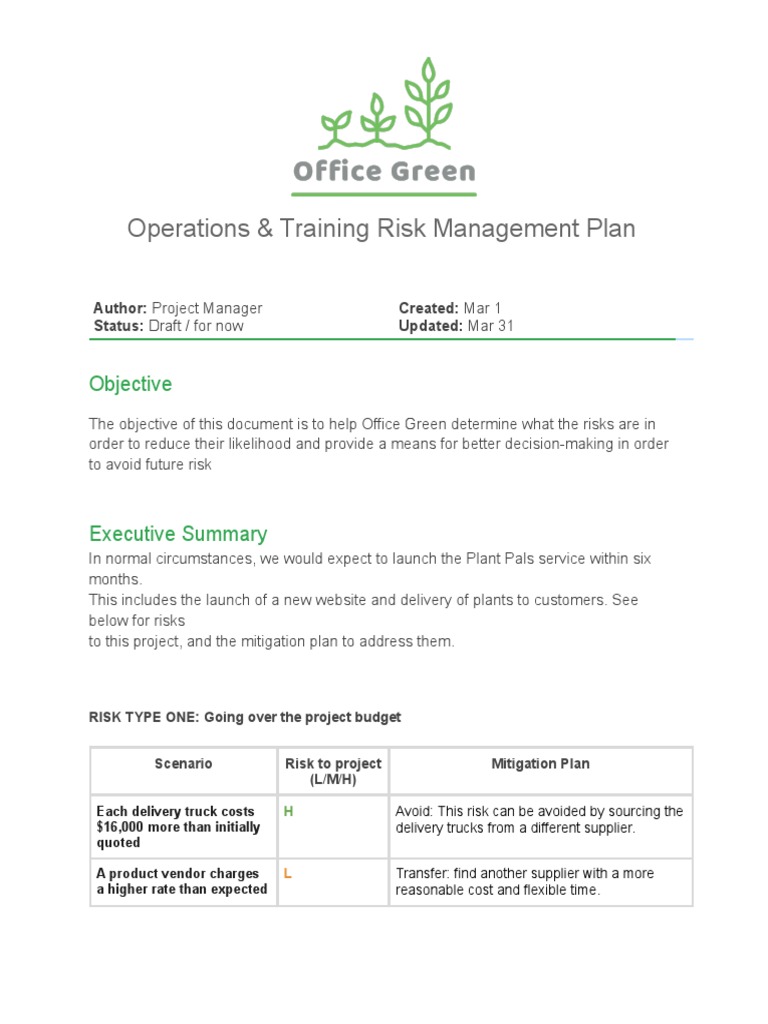 Operations & Training Risk Management Plan: Objective | PDF | Risk ...