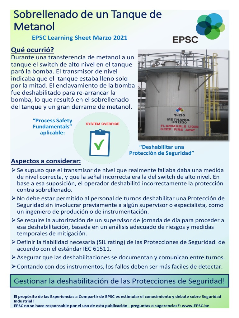 21.02 EPSC Learning Sheet - Tank Overfill - Spanish | PDF