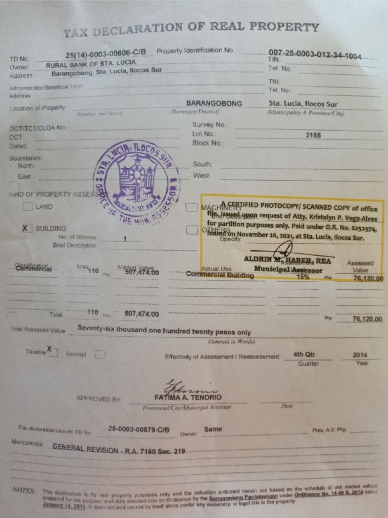 Tax Declaration Under The Name of Rural Bank of Sta. Lucia | PDF
