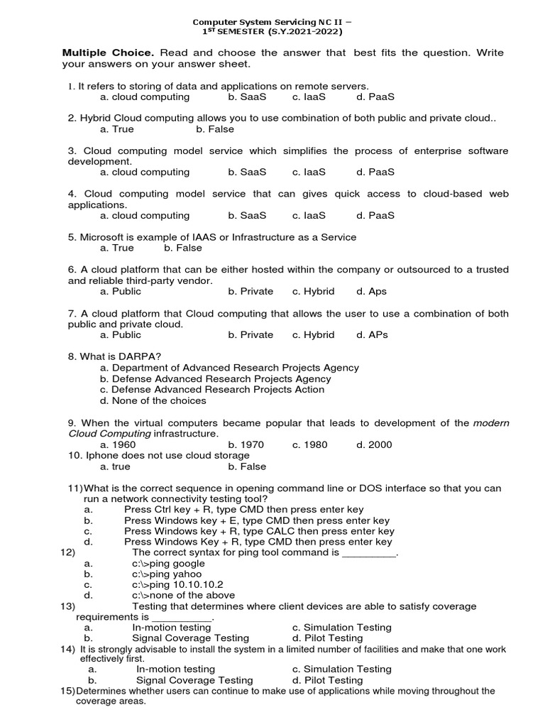 Computer Systems Servicing Summative Test | PDF | Cloud Computing ...