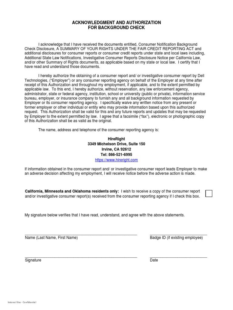 Acknowledgment and Authorization For Background Check | PDF ...