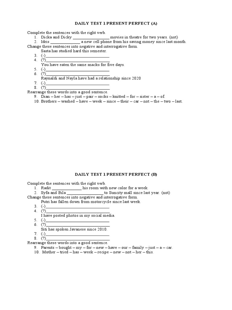 Present Perfect Tense Test PDF | PDF
