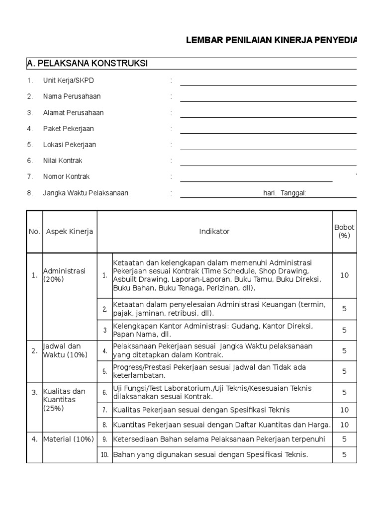 Format Penilaian Kinerja Rekanan | PDF