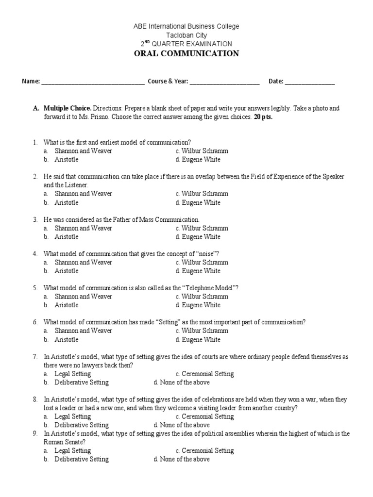 Grade 11 Oral Communication Exam | PDF | Communication | Nonverbal ...