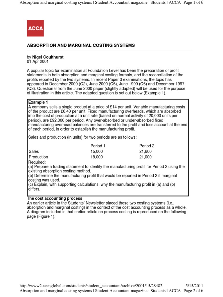 Absorption and Marginal Costing | PDF | Cost | Cost Of Goods Sold