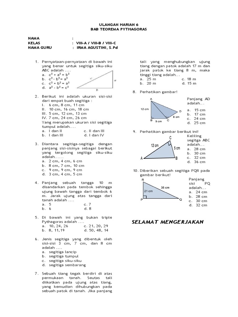 Soal Teorema Pythagoras Kelas VIII | PDF