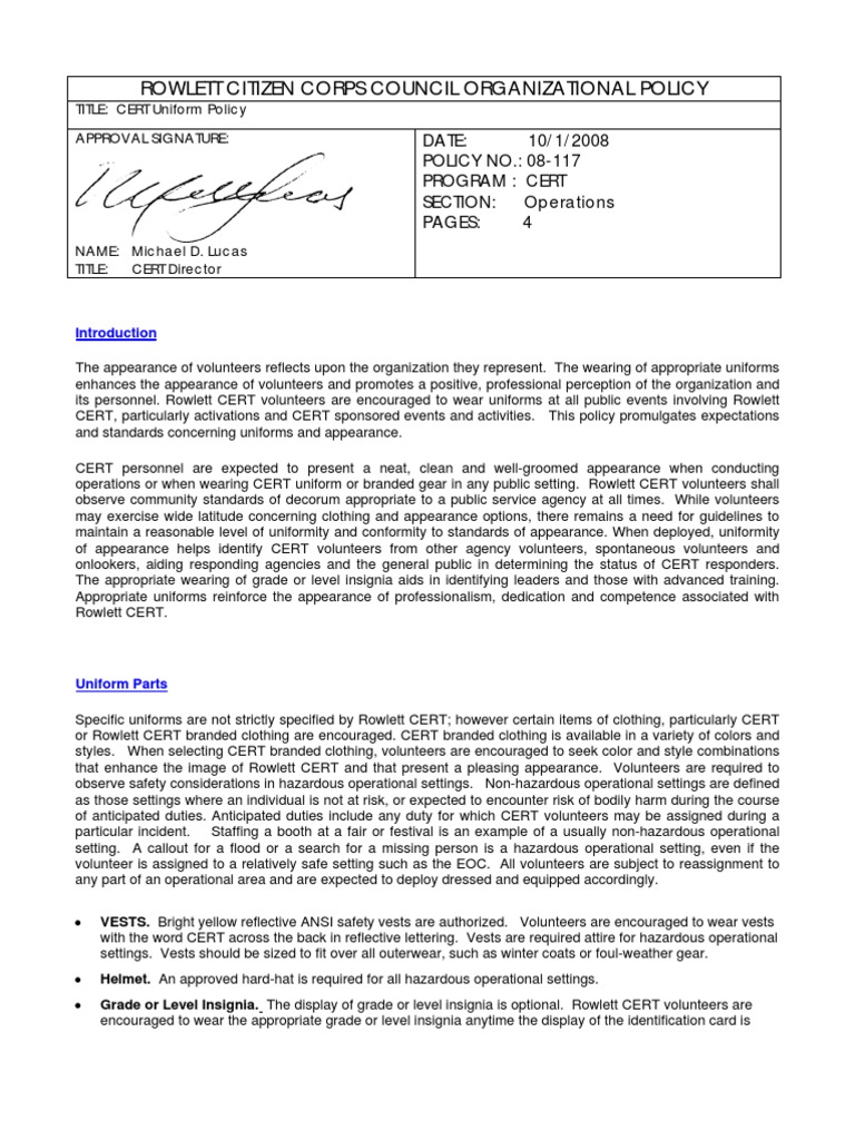 CERT Uniform Guidelines and Standards | PDF | Clothing | T Shirt