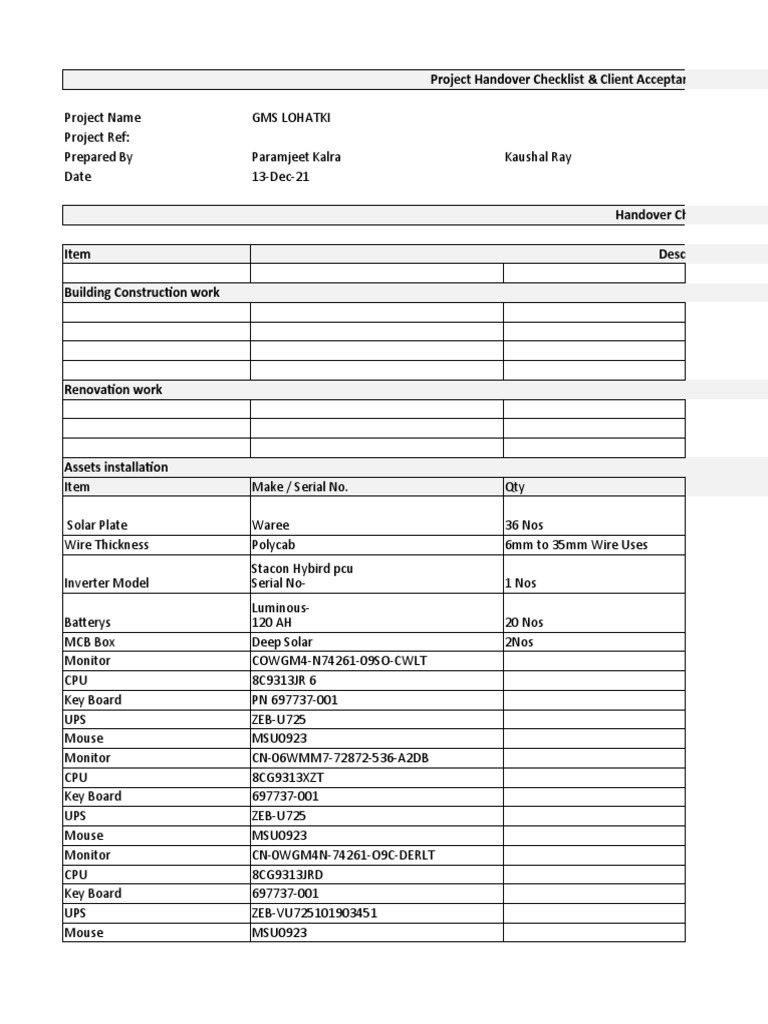 Project Handover Checklist & Client Acceptance Document | PDF ...