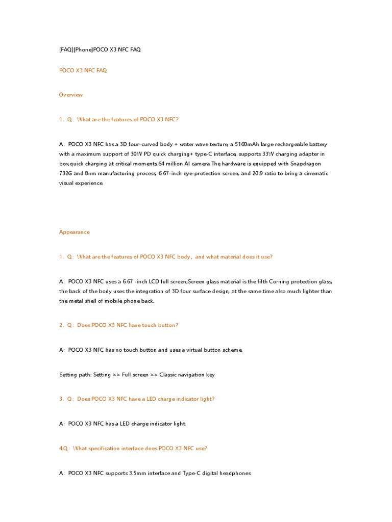【Phone】【FAQ】POCO X3 NFC FAQ | PDF | Usb | Artificial Intelligence