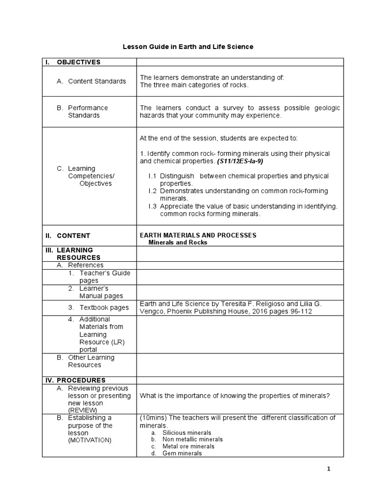 Lesson Guide in Earth and Life Science I. Objectives: (S11/12ES-Ia-9 ...