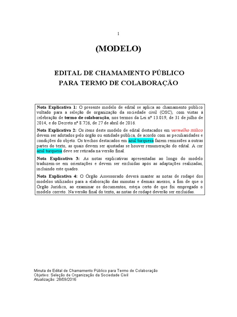 Modelo de Edital de Chamamento Publico para Termo de Colaboracao ...