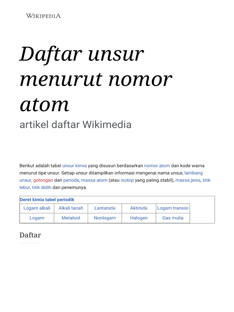 Daftar Unsur Menurut Nomor Atom - Wikipedia Bahasa Indonesia, Ensiklopedia Bebas | PDF