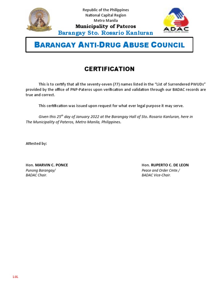 CERTIFICATION - PNP - PATEROS - LIST OF BIOPROFILED PWUDs - 01252022 | PDF